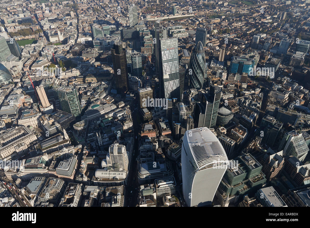 An aerial view showing the iconic buildings of the City of London Stock ...