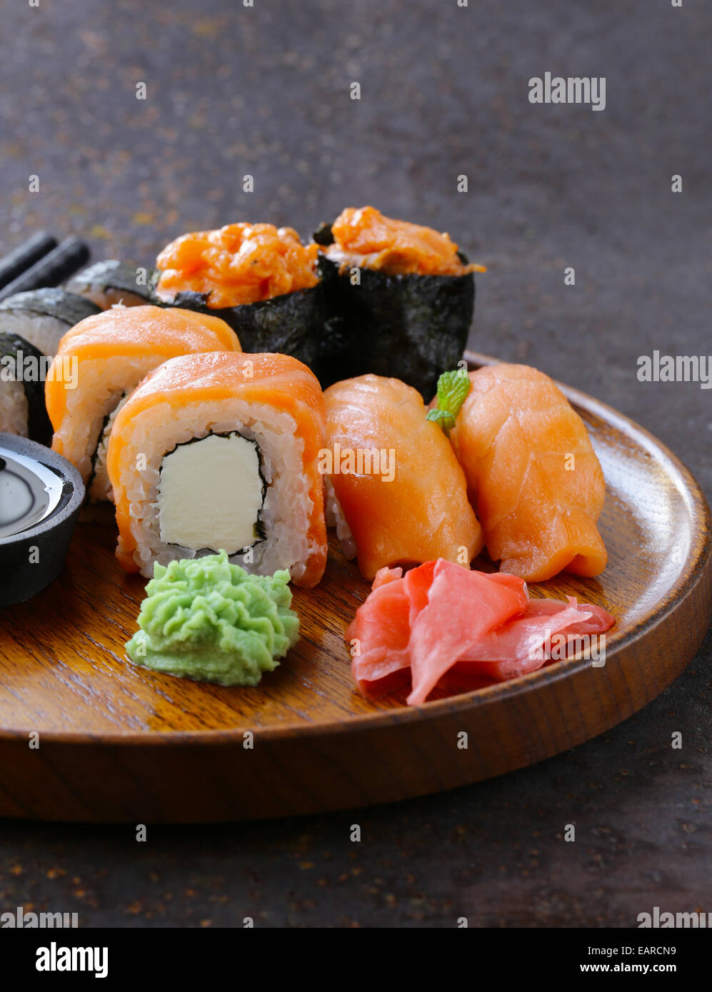 menu of assorted sushi with salmon - Traditional Japanese cuisine Stock ...