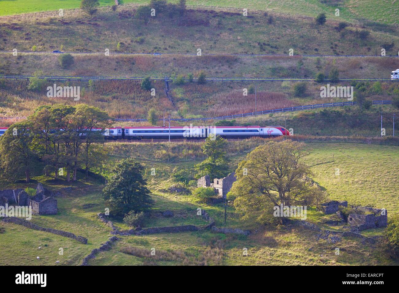 Class 390 Pendolino Virgin train near River Lune, Lune Valley, Tebay ...