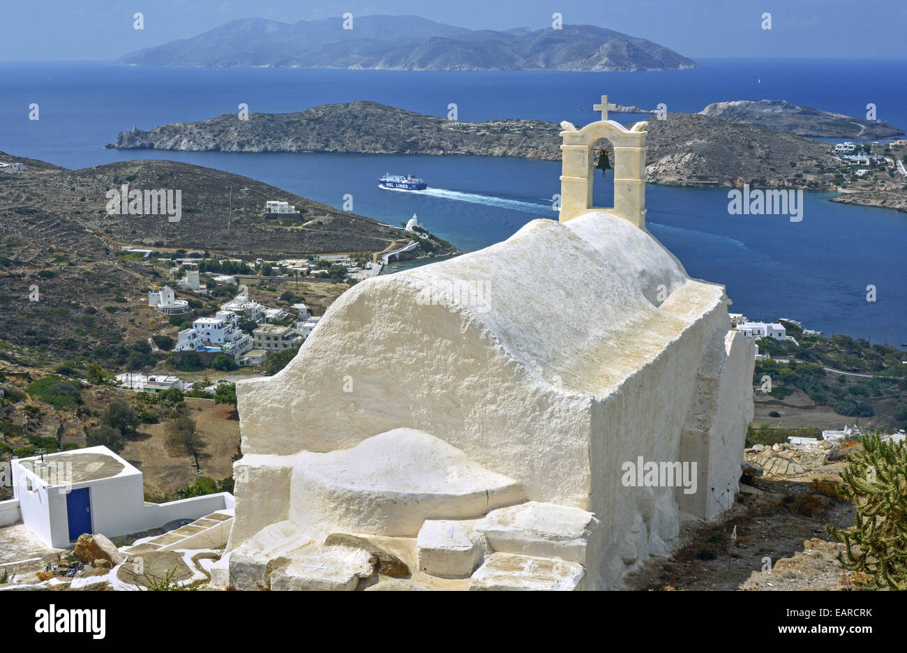 View to the Ormos port from Christos (Christ) chapel in Ios island ...