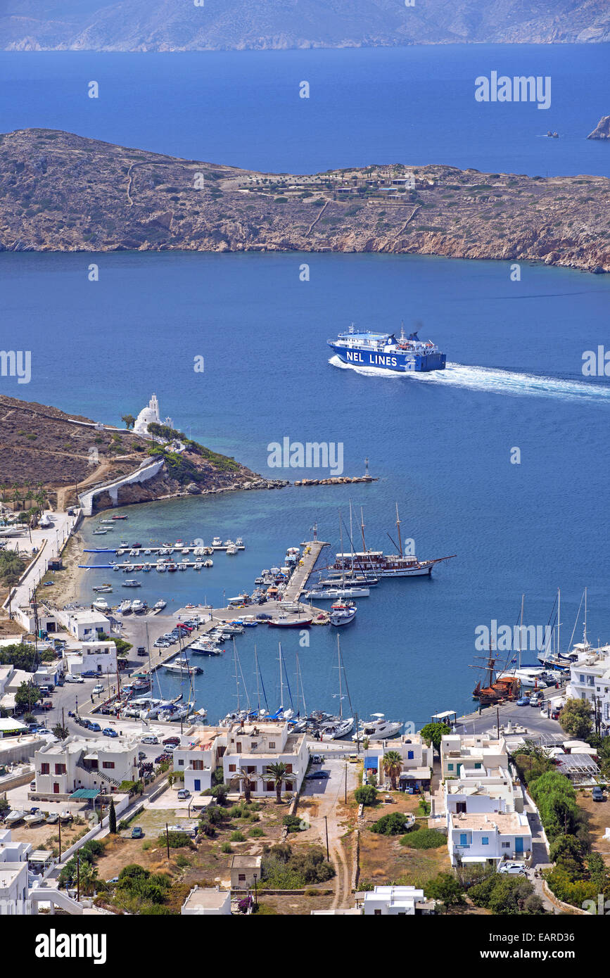 View from above at Ormos, the port of Ios island, Cyclades, Greece ...