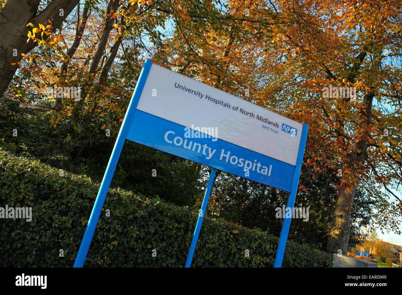 Sign for County Hospital Stafford, the new name since November 2014 for ...