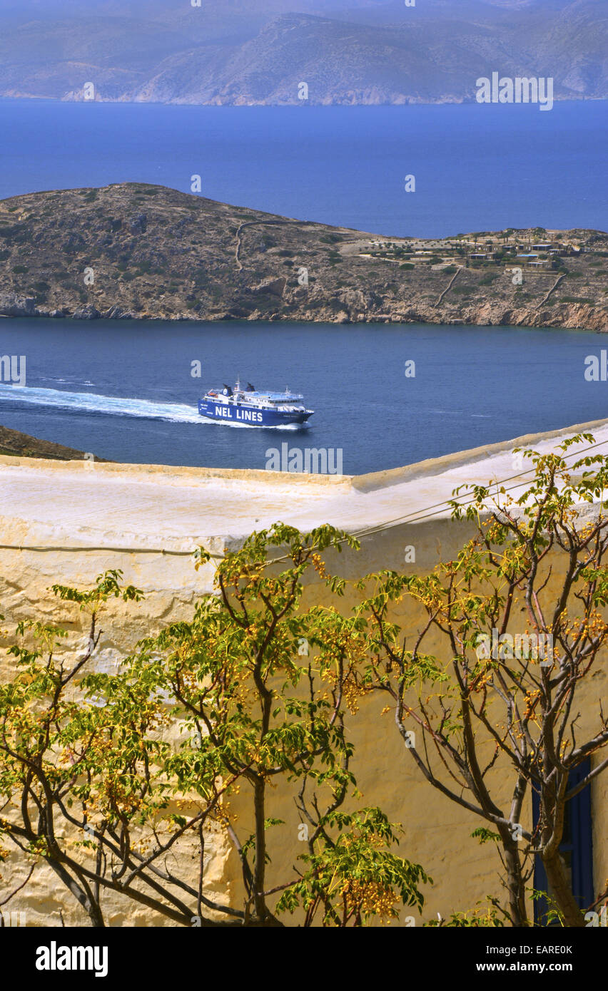The ship enters Ormos port in Ios island, Cyclades, Greece Stock Photo ...