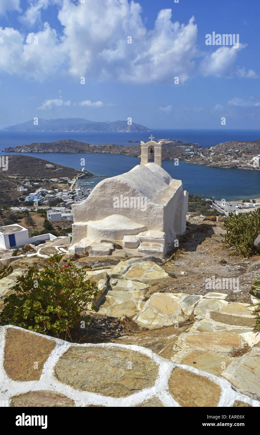 View to the Ormos port from Christos (Christ) chapel in Ios island ...