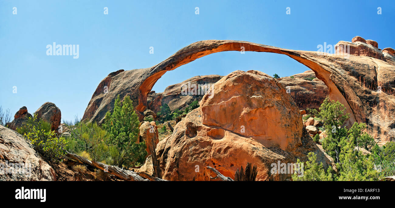 Landscape Arch, stone arch made of red sandstone formed by erosion ...