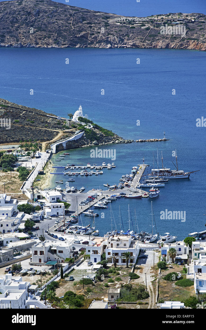 View from above at Ormos, the port of Ios island, Cyclades, Greece ...