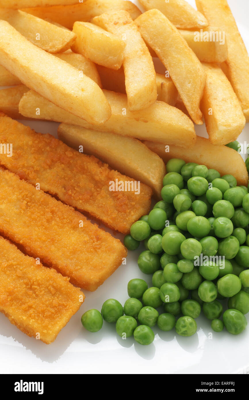 Fish fingers chips and peas a popular children's meal Stock Photo - Alamy