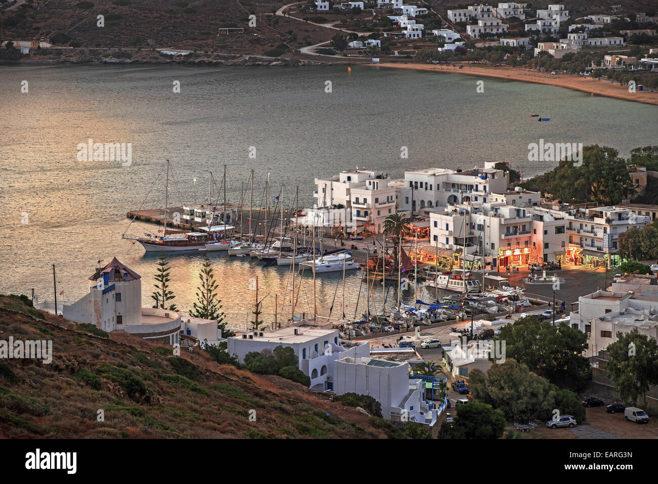 Panoramic view during sunset, at Ormos the port of Ios island, Cyclades ...