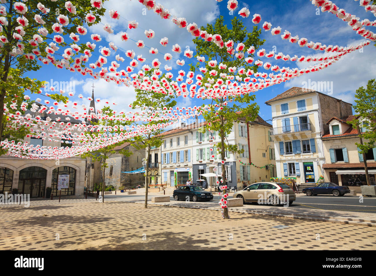 Verteillac town centre decorated for the June carnival Stock Photo - Alamy