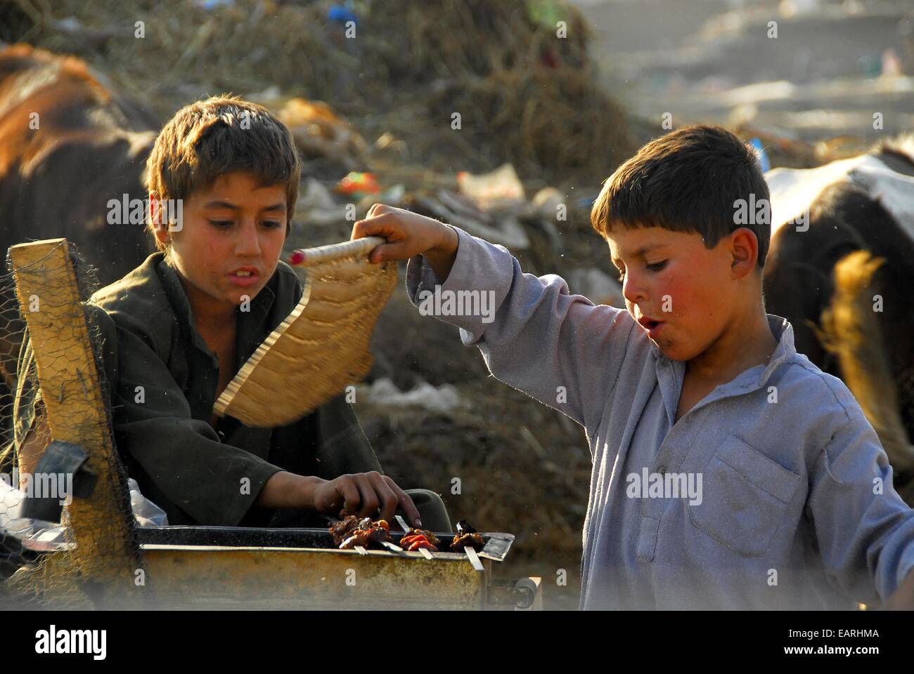Islamabad, Pakistan. 20th Nov, 2014. Pakistani boys barbecue at a slum ...