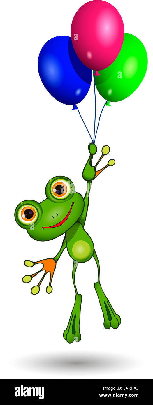 Illustration of a cartoon frog on balloons Stock Photo - Alamy