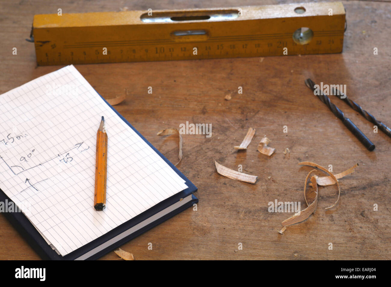 woodworking tools and diagram on a wooden table Stock Photo - Alamy