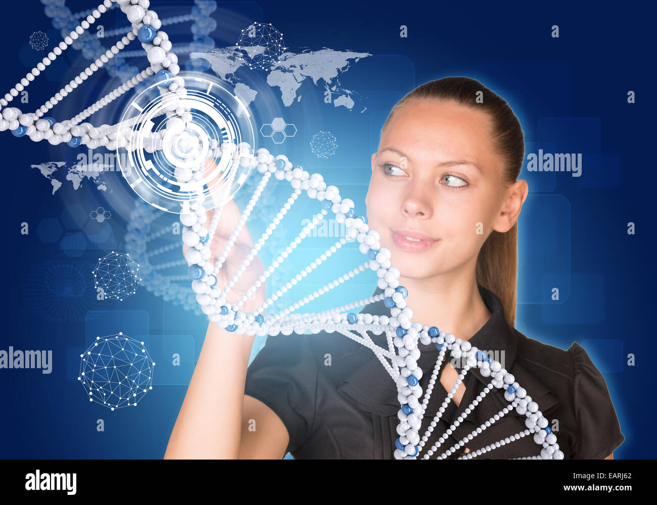 Beautiful businesswoman in dress smiling and presses finger on model of ...