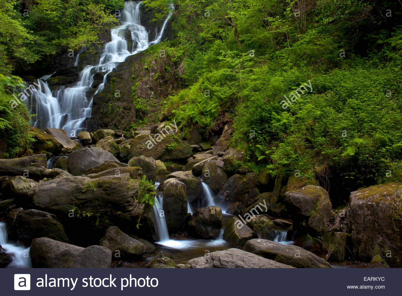 Water cascades from the Owengariff River into Muckross Lake Stock Photo ...