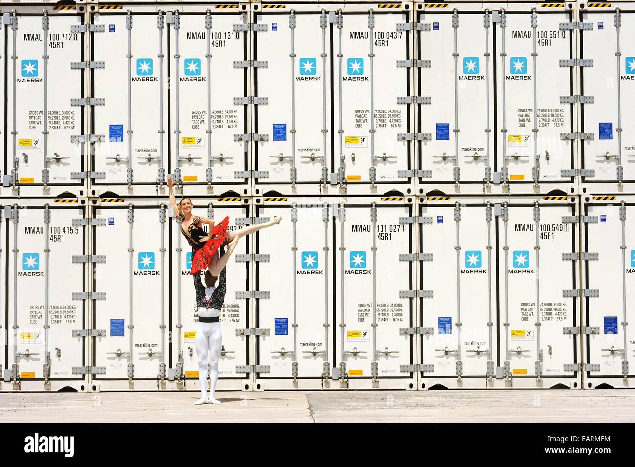 Dancers of the National Ballet of Panama, posing in the city port Stock ...