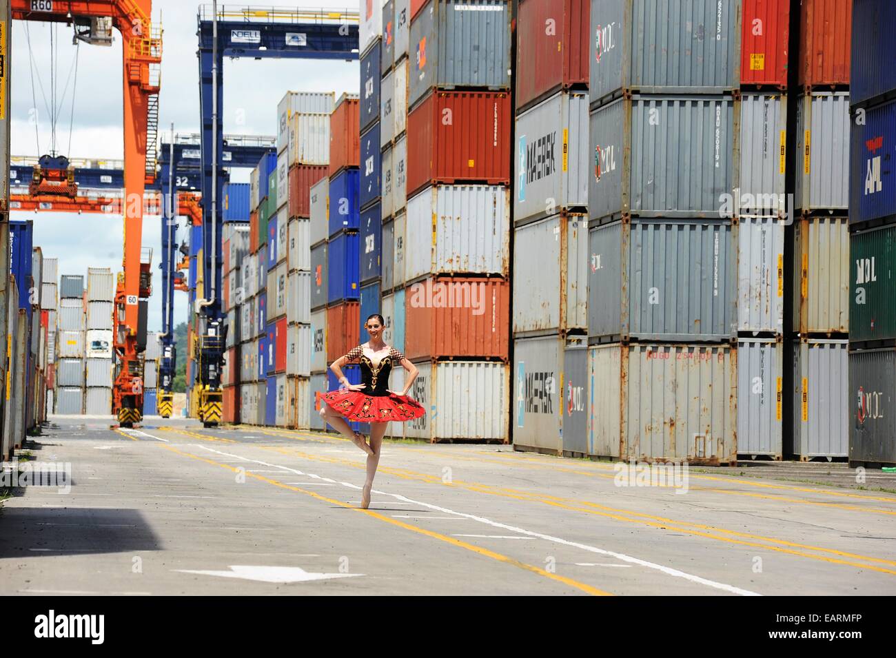 A dancer of the National Ballet of Panama, posing in the city port ...