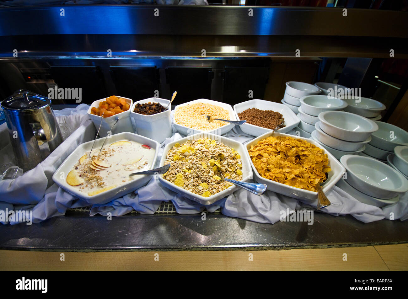 Muesli, porridge and cereal in an Antarctic ship's breakfast buffet ...
