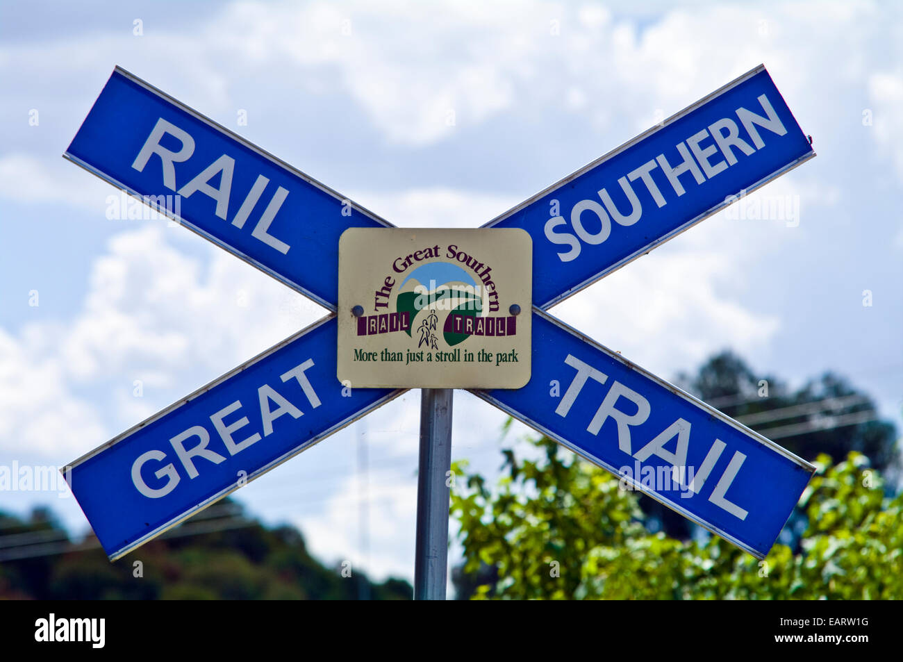 A railway crossing sign for the Great Southern Rail Trail Stock Photo ...