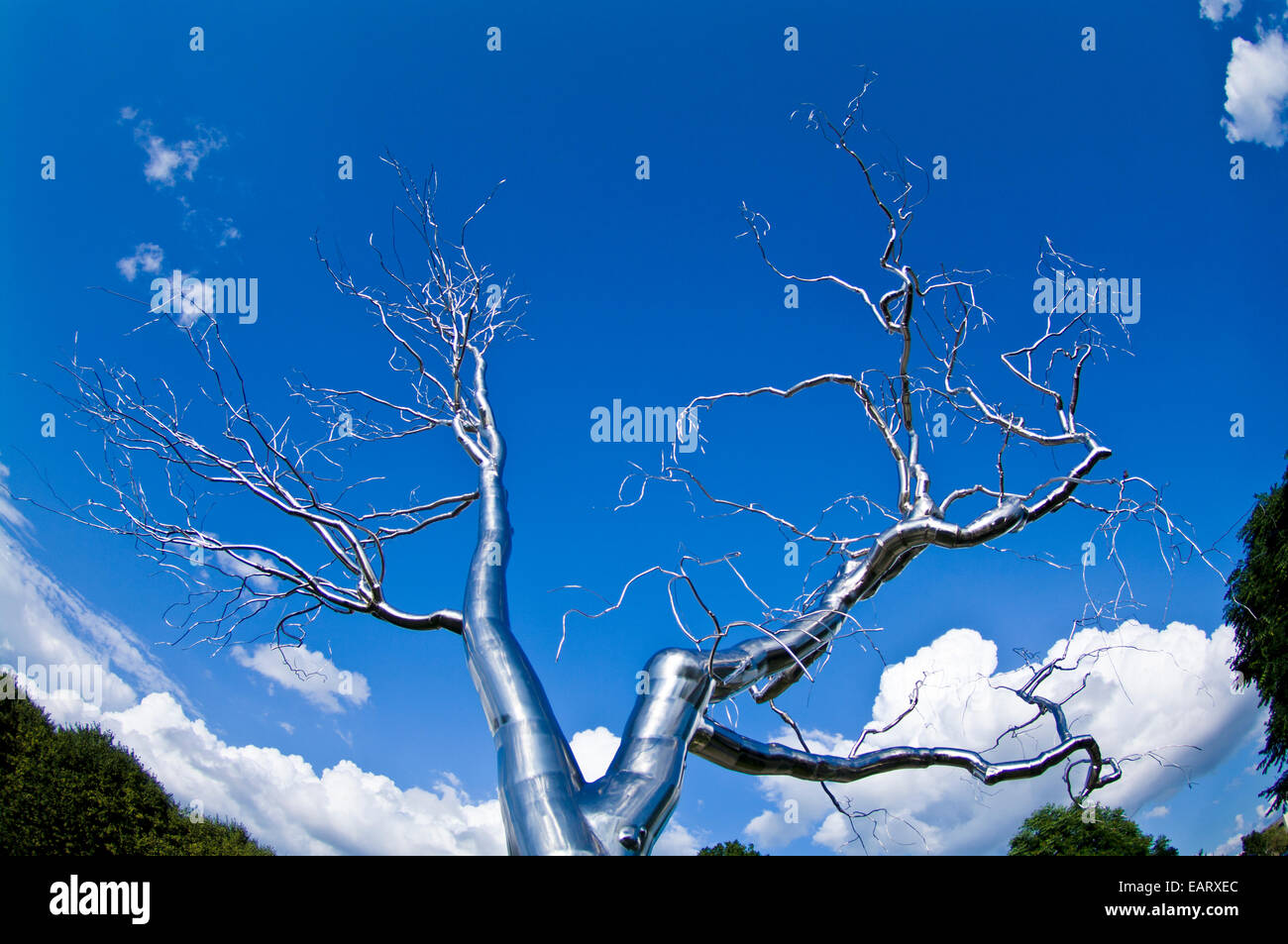 The stark branches of a stainless steel tree reach into a blue sky ...