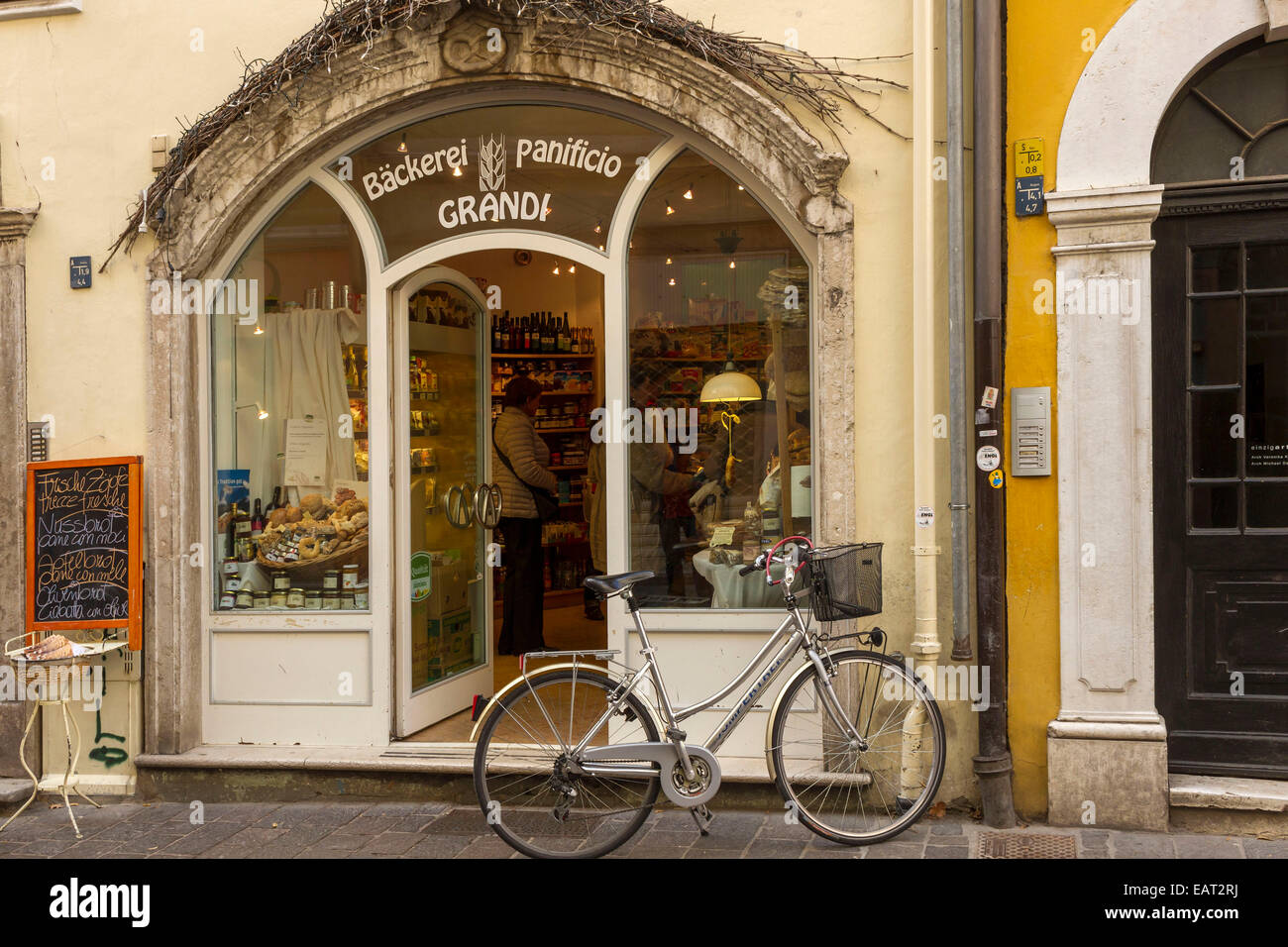 Street entrance door to Bakery shop, Bozen, Bolzano, South Tyrol, Italy ...