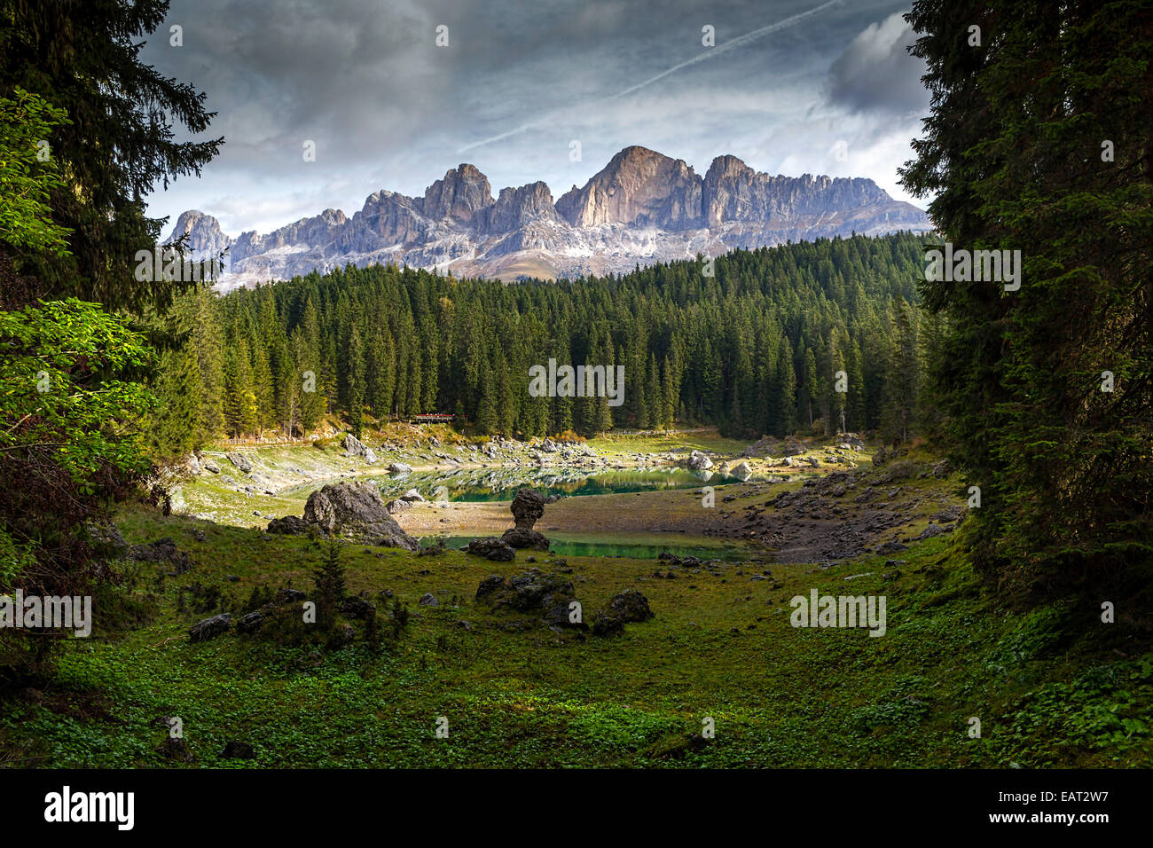 Lake Carezza with Latemar Mountain, Karerpass, Trentino, Dolomites ...