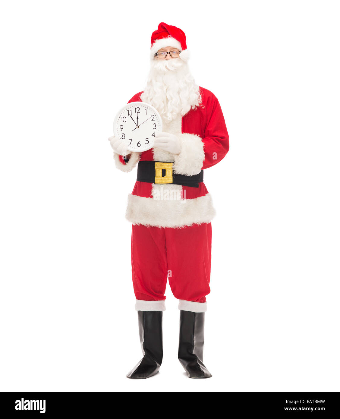 man in costume of santa claus with clock Stock Photo - Alamy