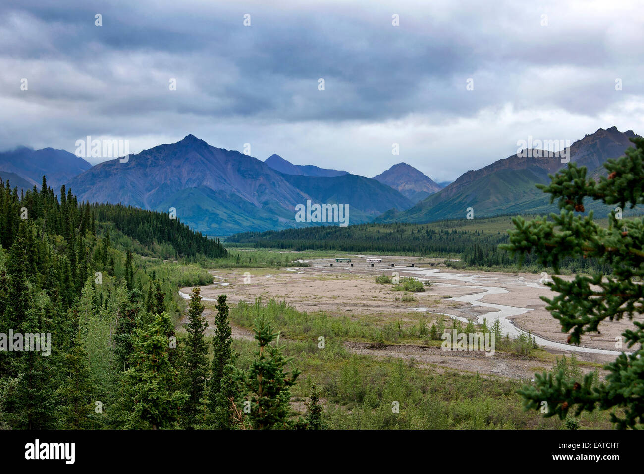 Buses on bridge over semi-dry river in Denali - Alaska Stock Photo - Alamy