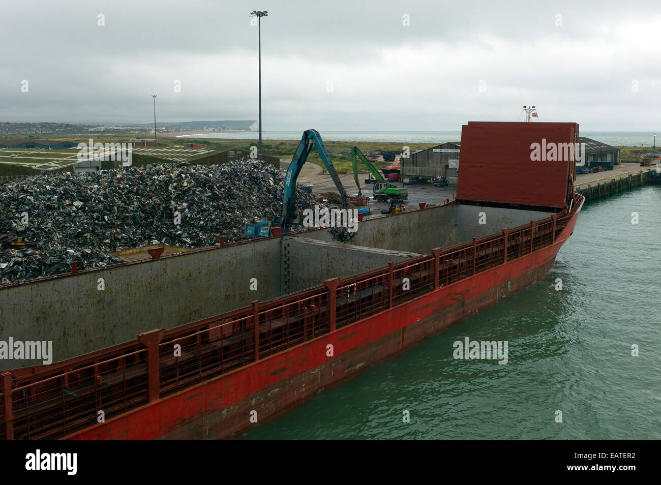 Scrap metal being loaded onto ship cargo vessel, Newhaven, UK Stock ...