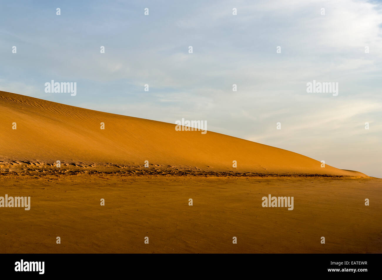 Sweeping coastal desert sand dunes flow into tropical beach at sunset ...