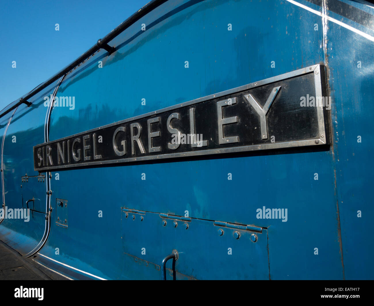 name plate on the vintage A4 Class steam locomotive Sir Nigel Gresley ...