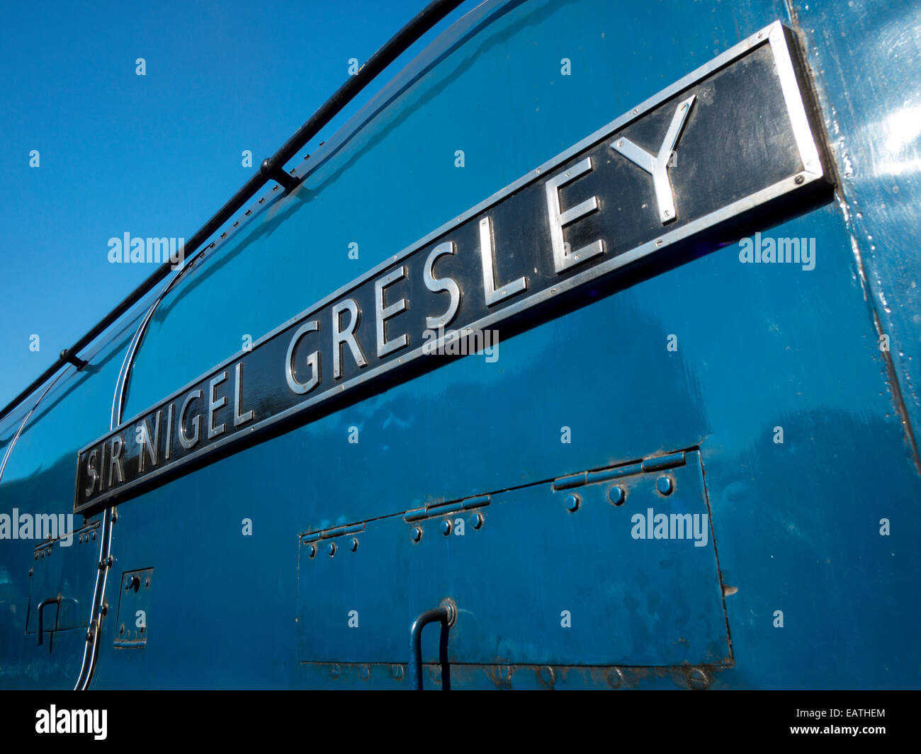 name plate on the vintage A4 Class steam locomotive Sir Nigel Gresley ...
