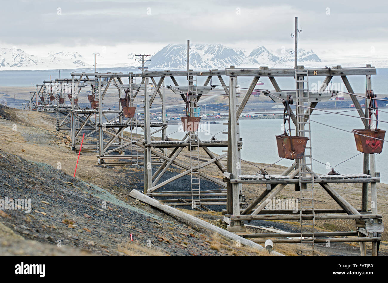 Remains of a coal mining tram line and buckets above Longyearbyen Stock ...