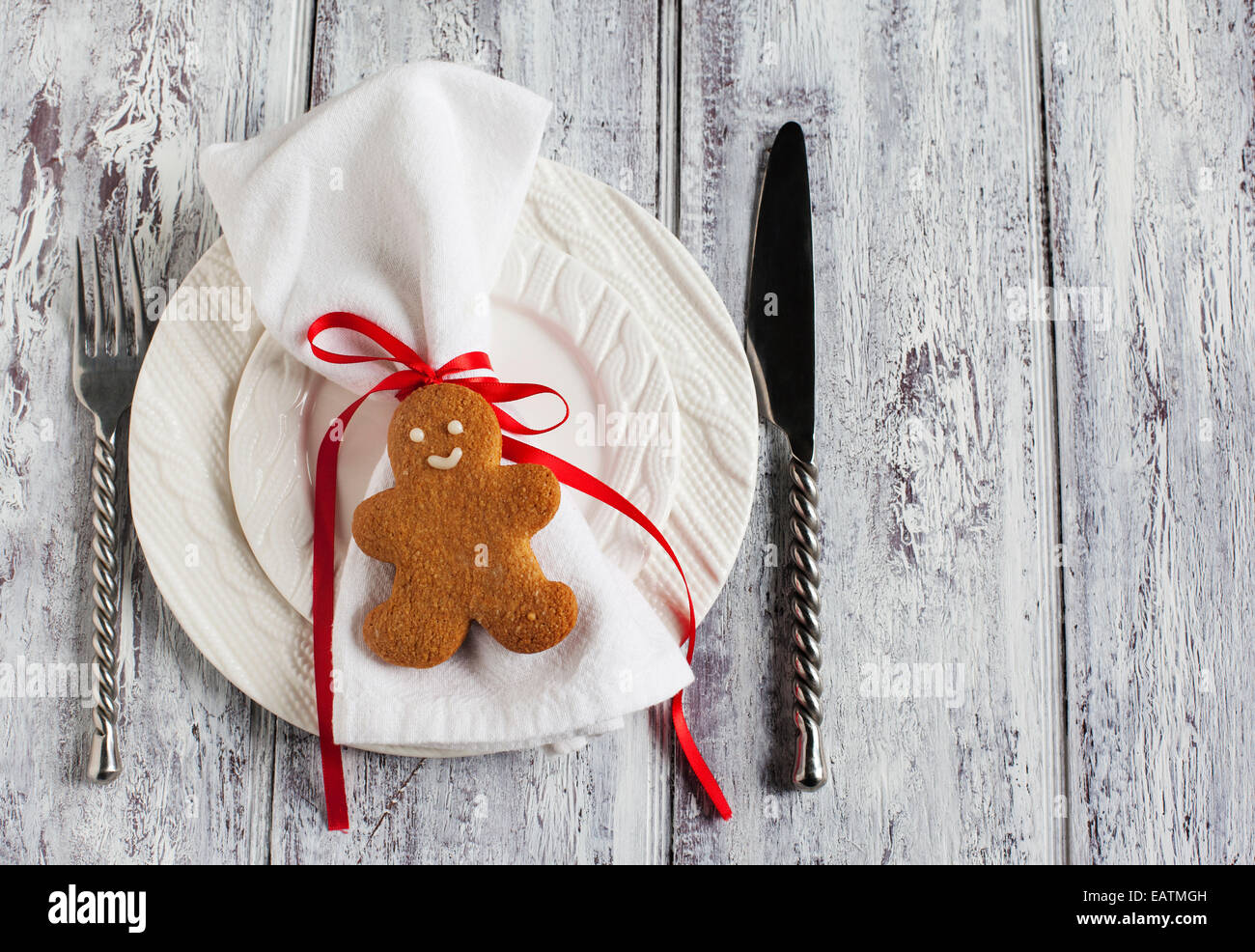 Christmas table setting. Top view Stock Photo - Alamy