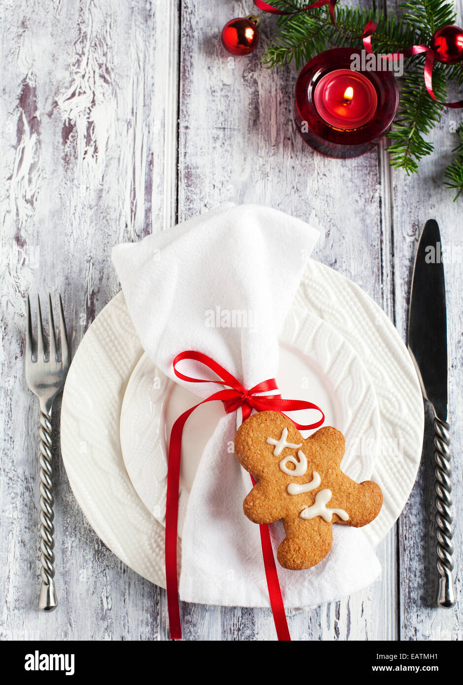 Christmas table setting. Top view Stock Photo - Alamy