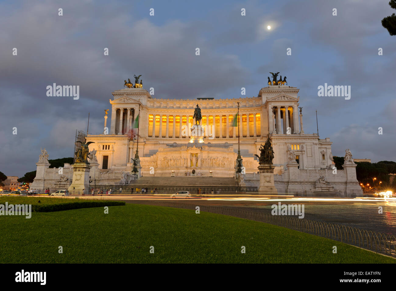 The Victor Emmanuel white building by night in Rome, Italy Stock Photo ...