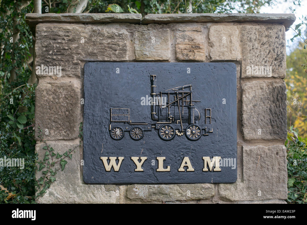 Wylam village sign showing Puffing Billy steam locomotive ...