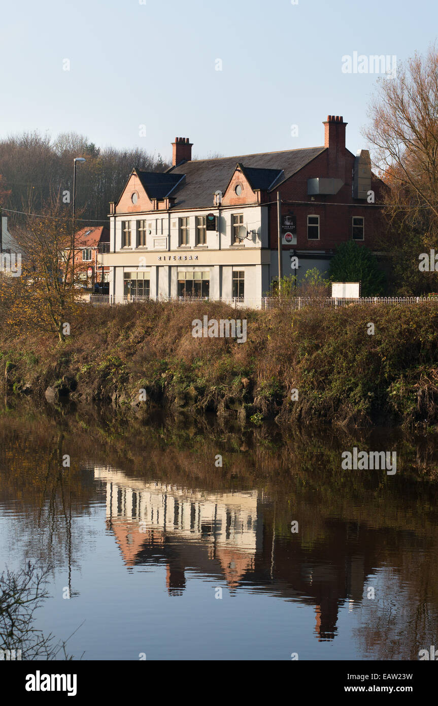 Riverbar and Fiume restaurant reflected in river Wear Fatfield, north ...