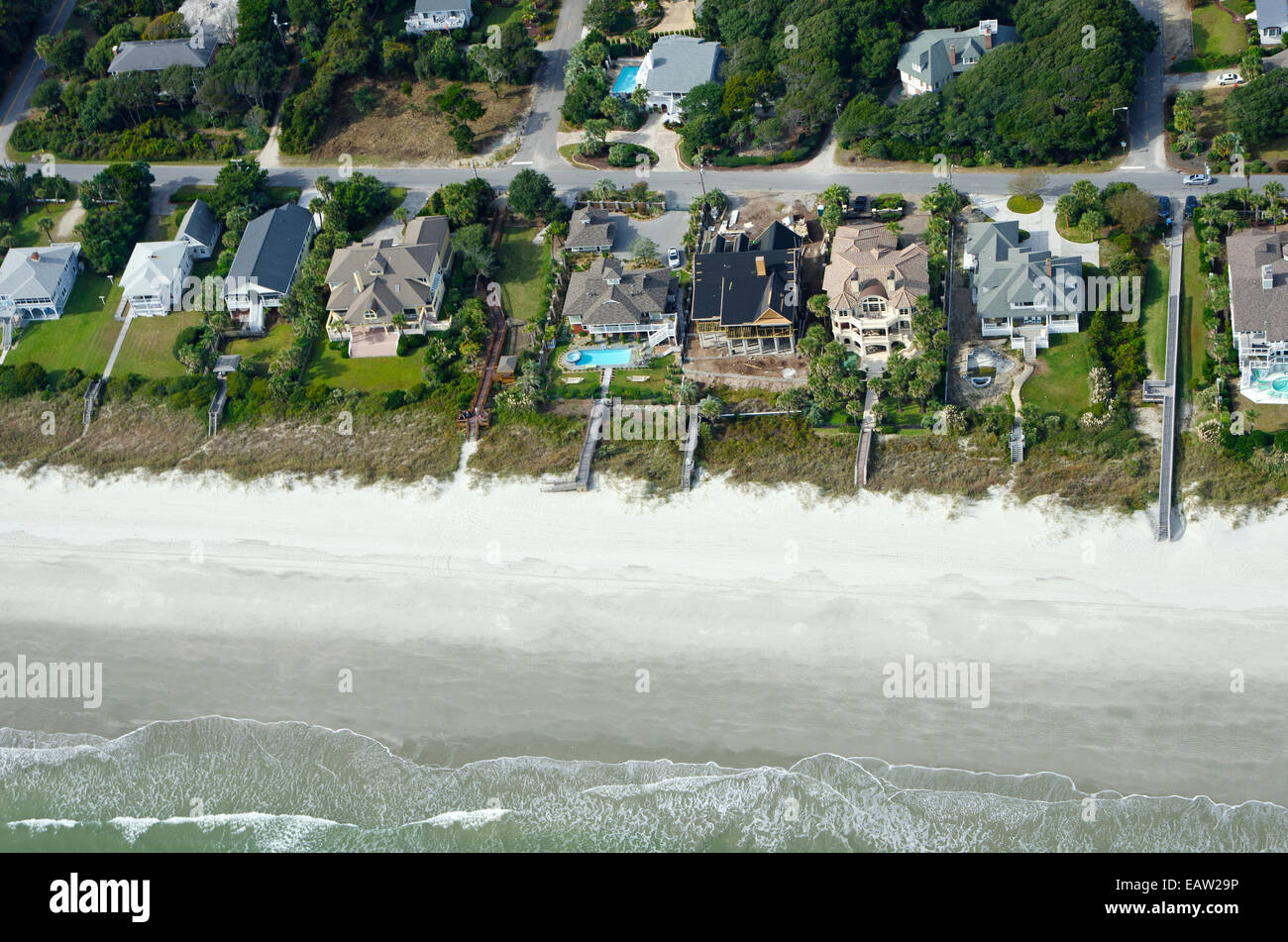 Aerial View of the oceanfront mansions of millionaire row along the ...
