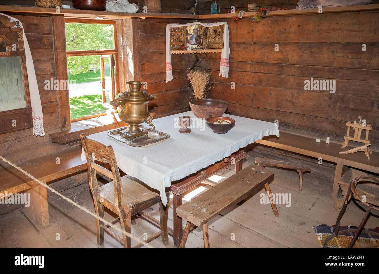 Interior of old rural wooden house in the museum of wooden architecture ...