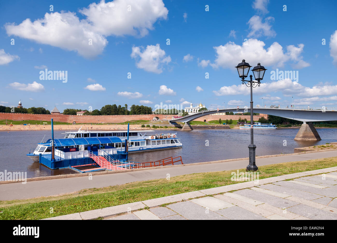 River cruise passenger catamaran at the moored on Volkhov river Stock ...