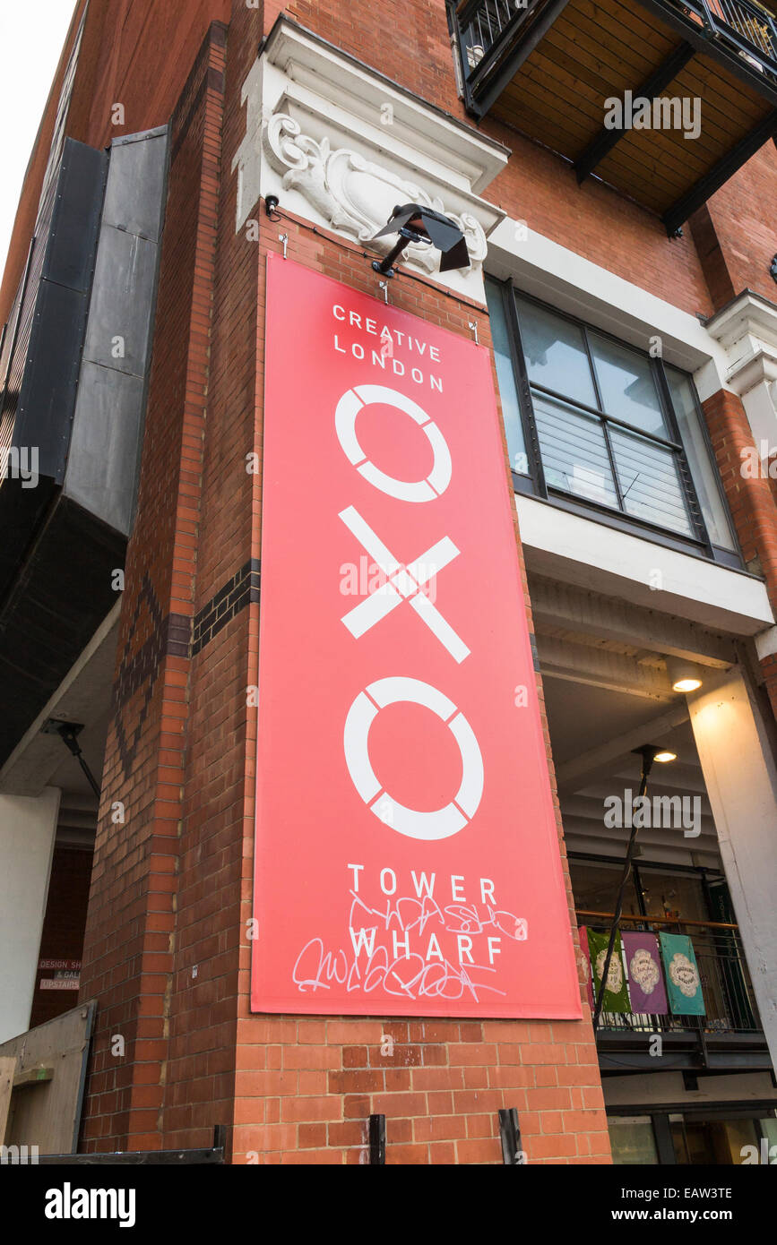 Red banner sign for Creative London displayed at the Oxo Tower, Tower ...