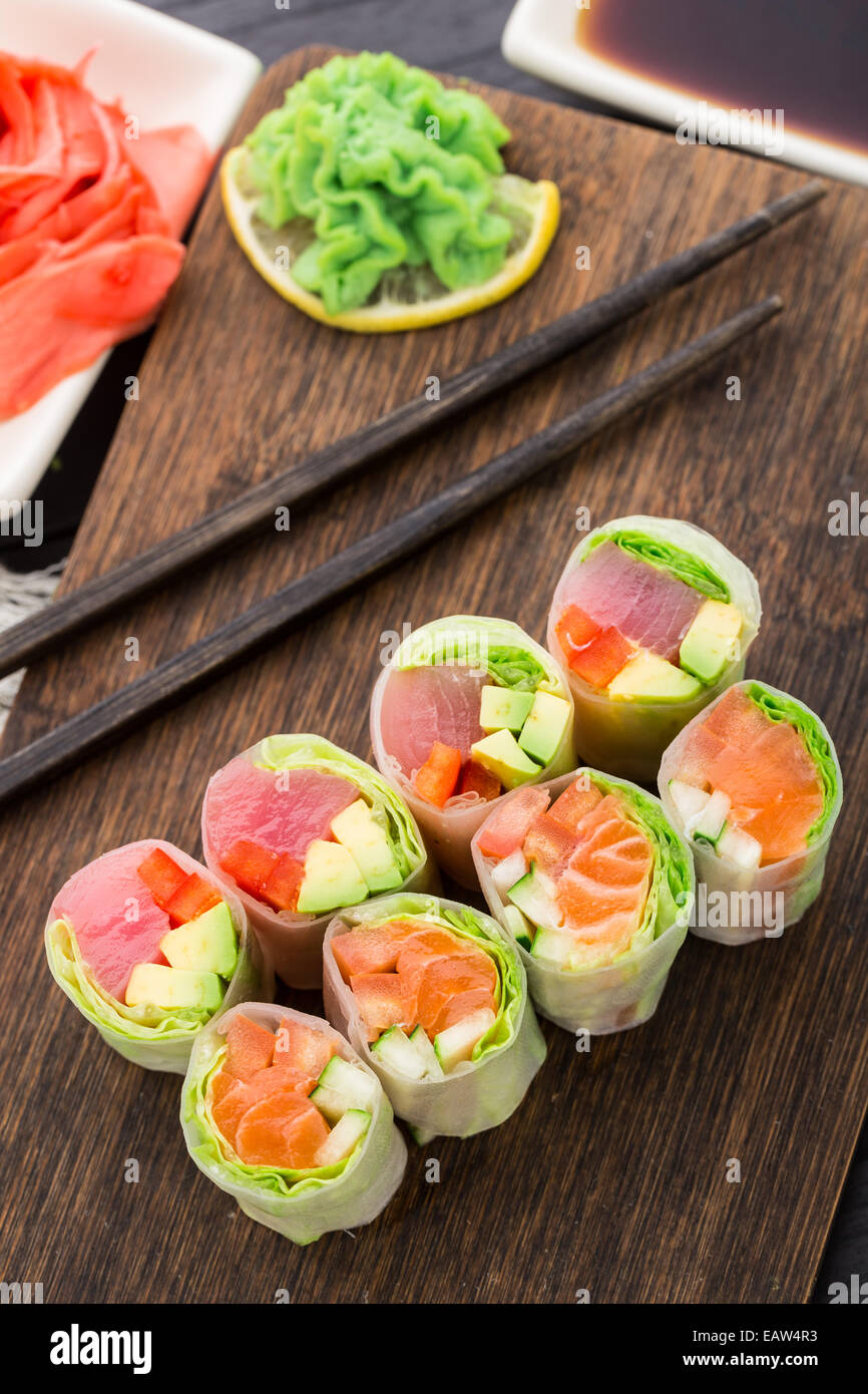 Spring rolls with tuna and salmon Stock Photo - Alamy