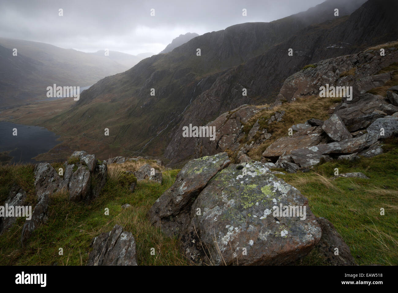 Looking down from Devil's Kitchen, Glyderau range, Snowdonia National ...