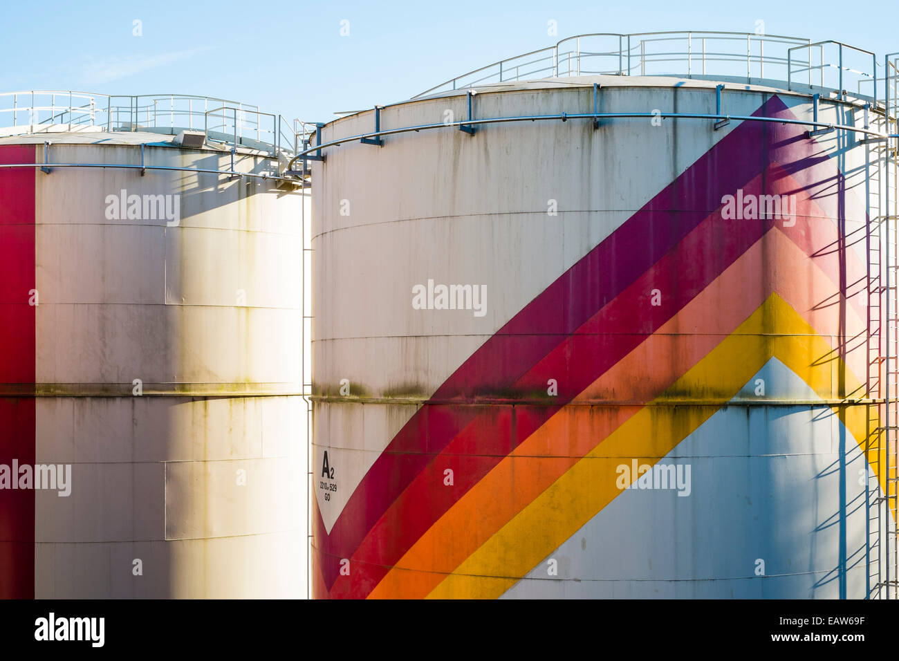 Colorful petrochemical storage tanks used for storing liquid gasses, La ...