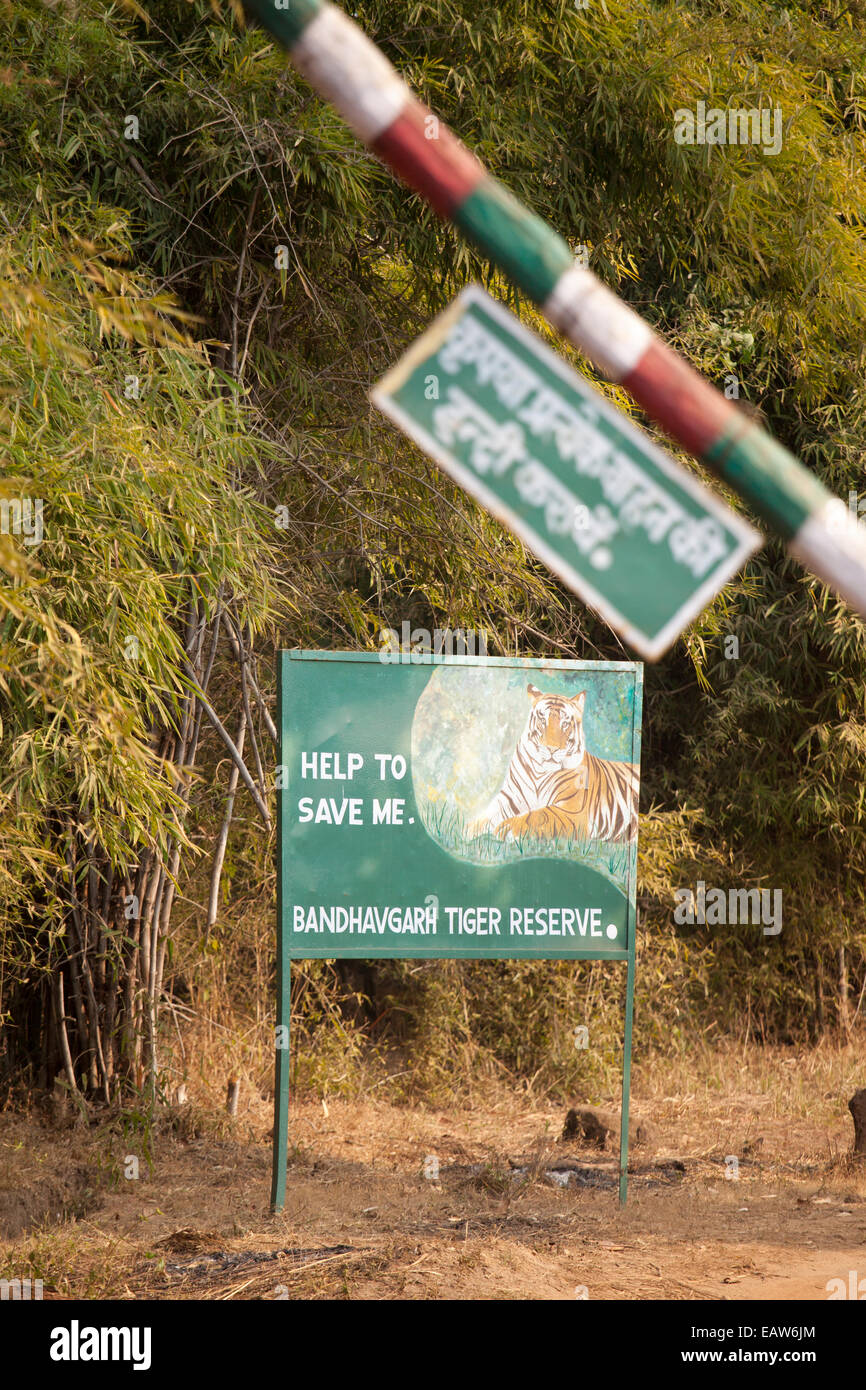 A sign that says "Help to Save Me" at the entrance to Bandhavgarh ...
