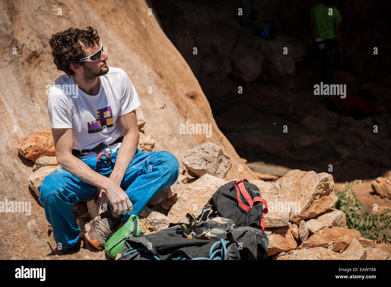 Professional climber Silvio Reffo at the crag during San Vito Climbing ...