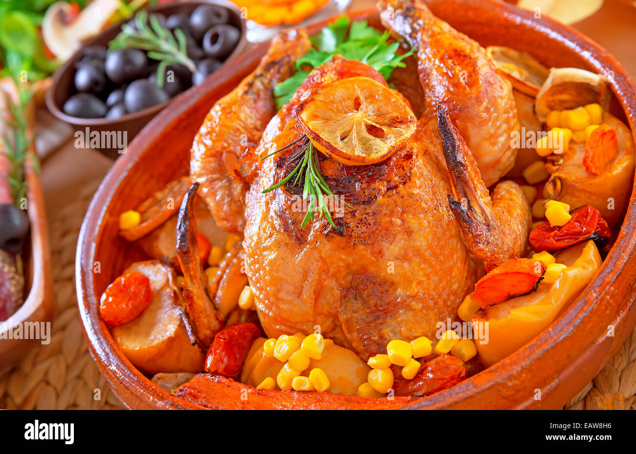 Closeup on delicious baked Thanksgiving turkey baked with vegetables ...