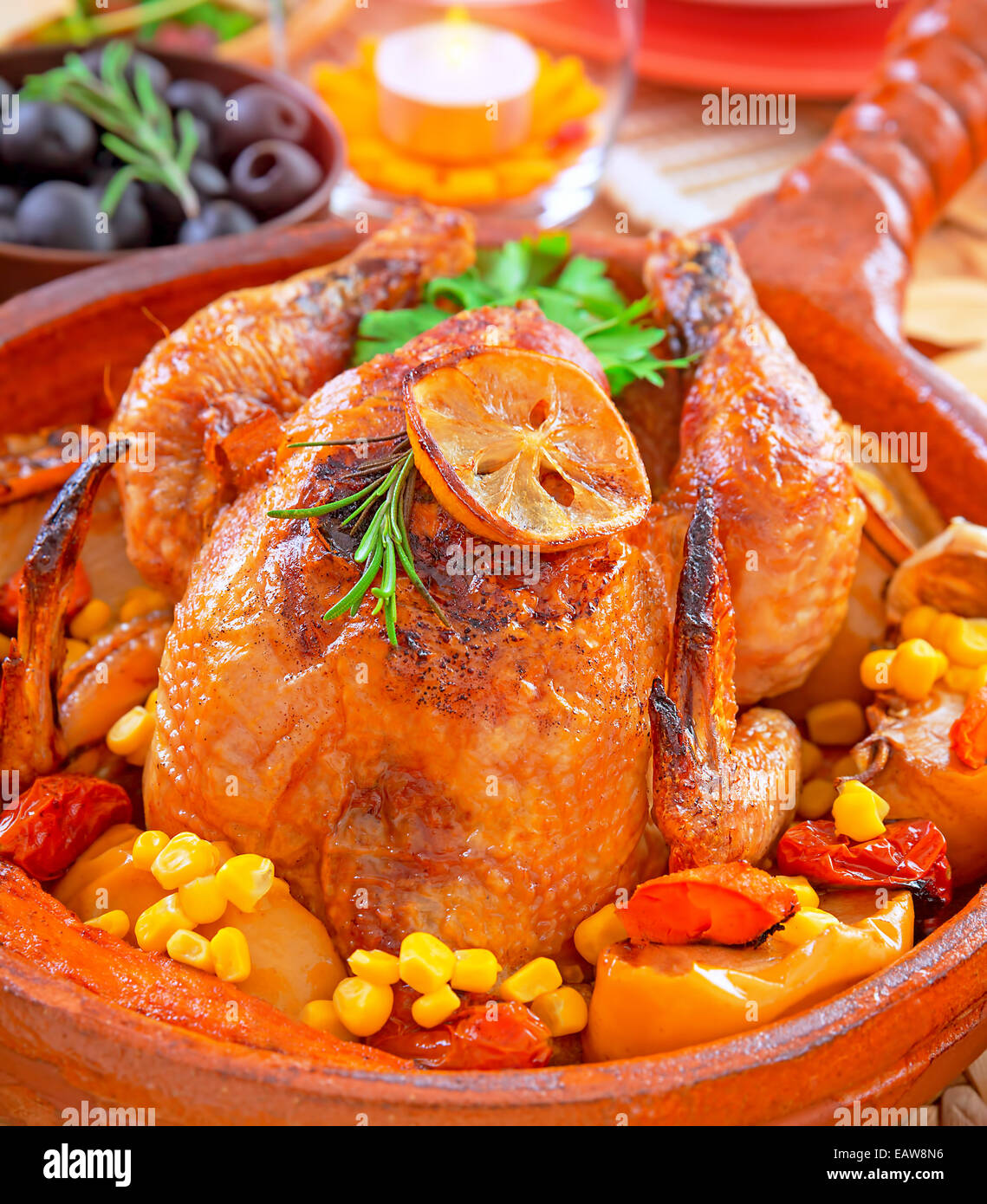 Traditional Thanksgiving dinner with tasty fried turkey as main dish ...
