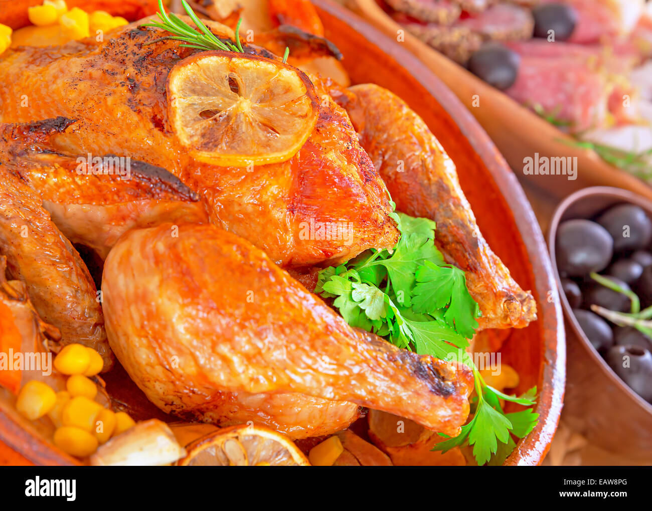 Traditional Thanksgiving dinner with tasty fried turkey as main dish ...