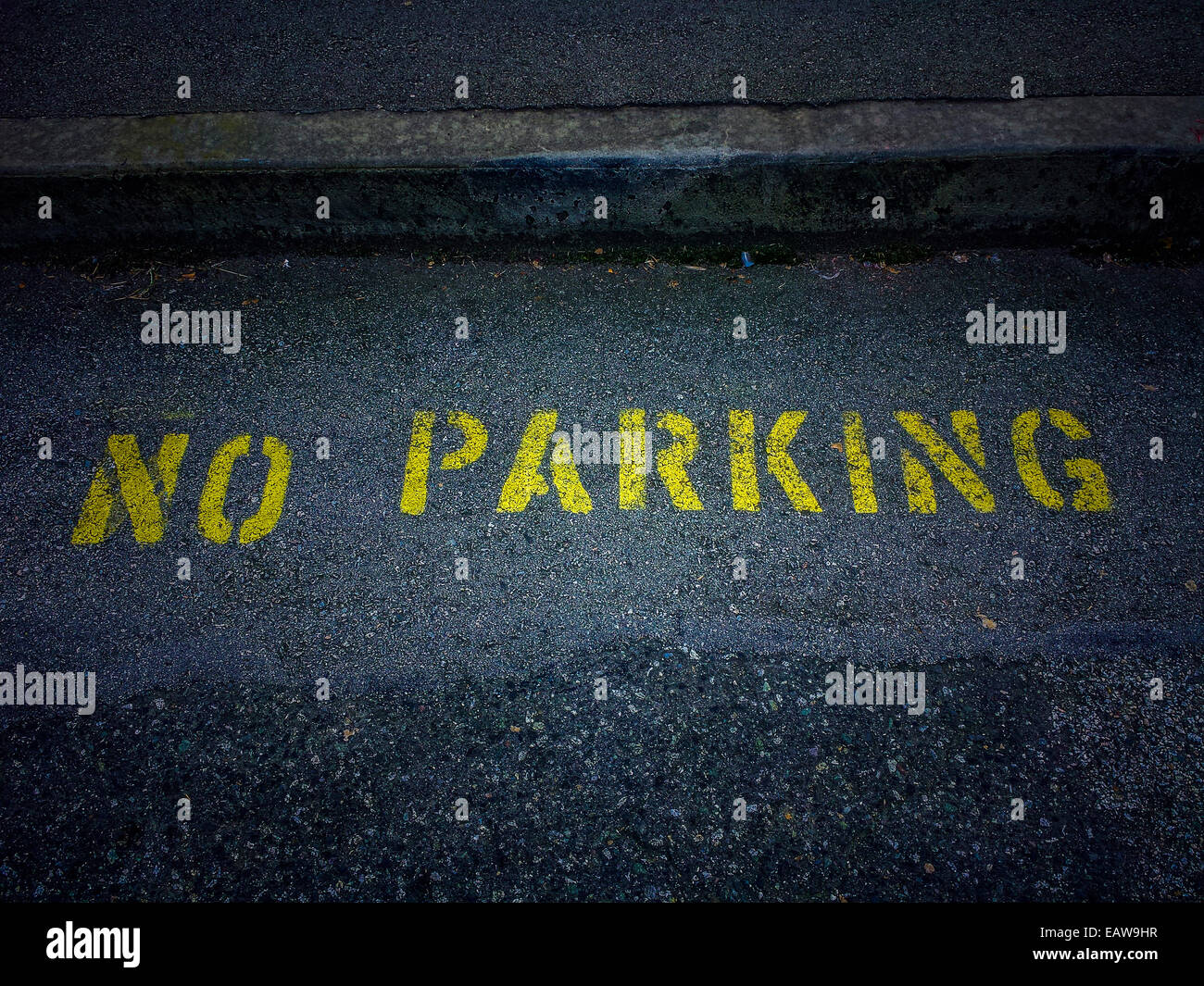 Stenciled yellow on ground no parking sign dark, copy space, copy-space ...